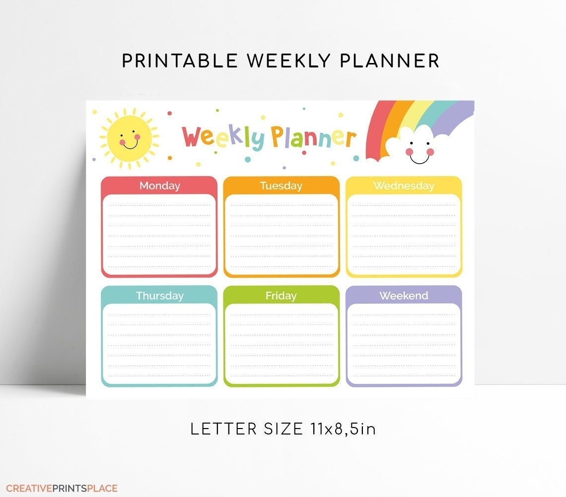 Kids Weekly Planner, Printable Sun Rainbow Daily Planner, Homeschool ...