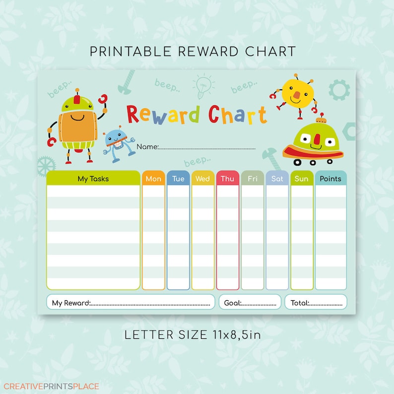 Printable Robots Reward Chart, Robots Task Chart, Responsibility Chart ...