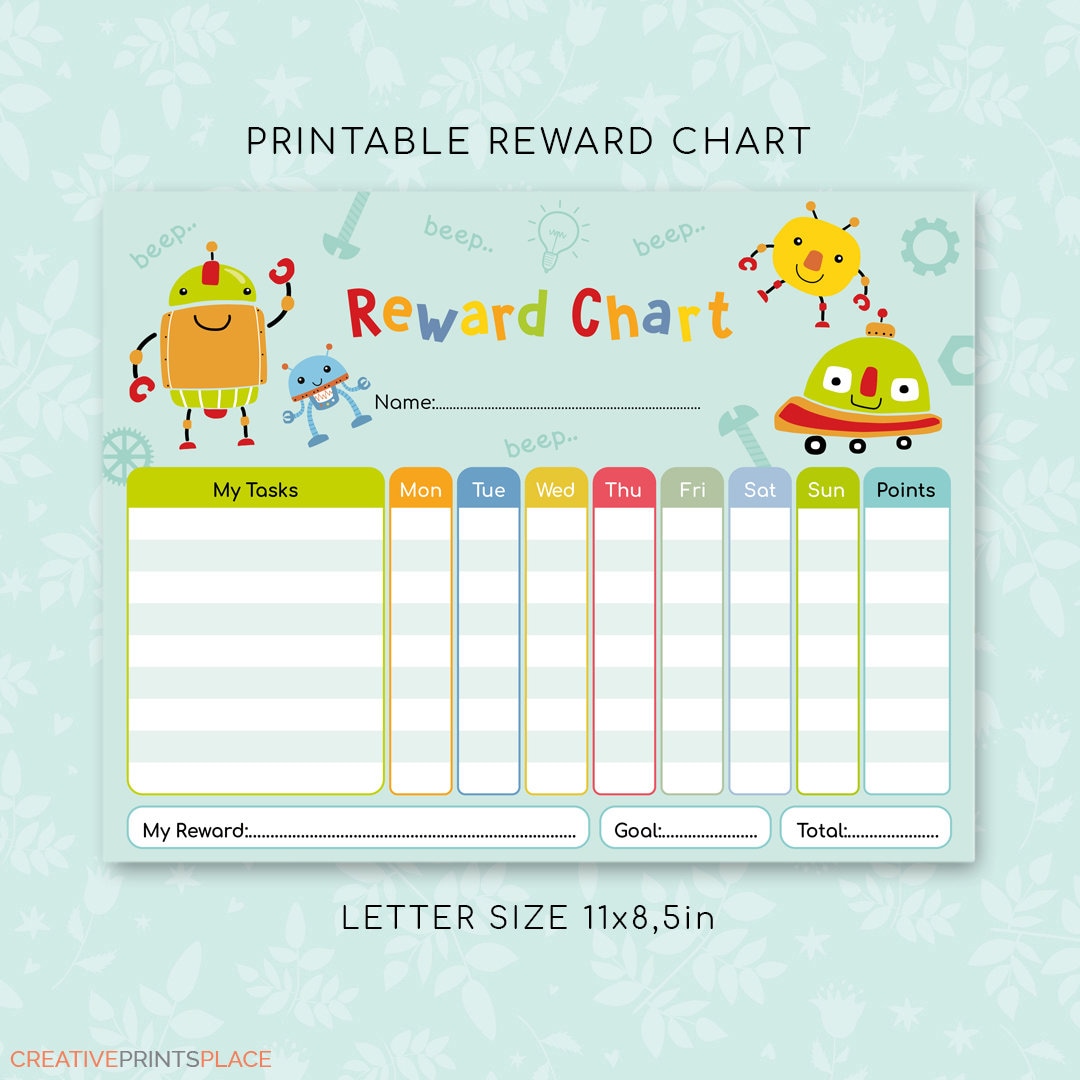 Printable Robots Reward Chart, Robots Task Chart, Responsibility Chart ...