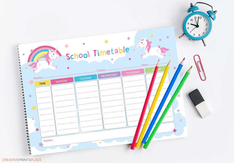 Unicorn School Timetable Printable: Kids Daily Planner (letter/a4 Size ...
