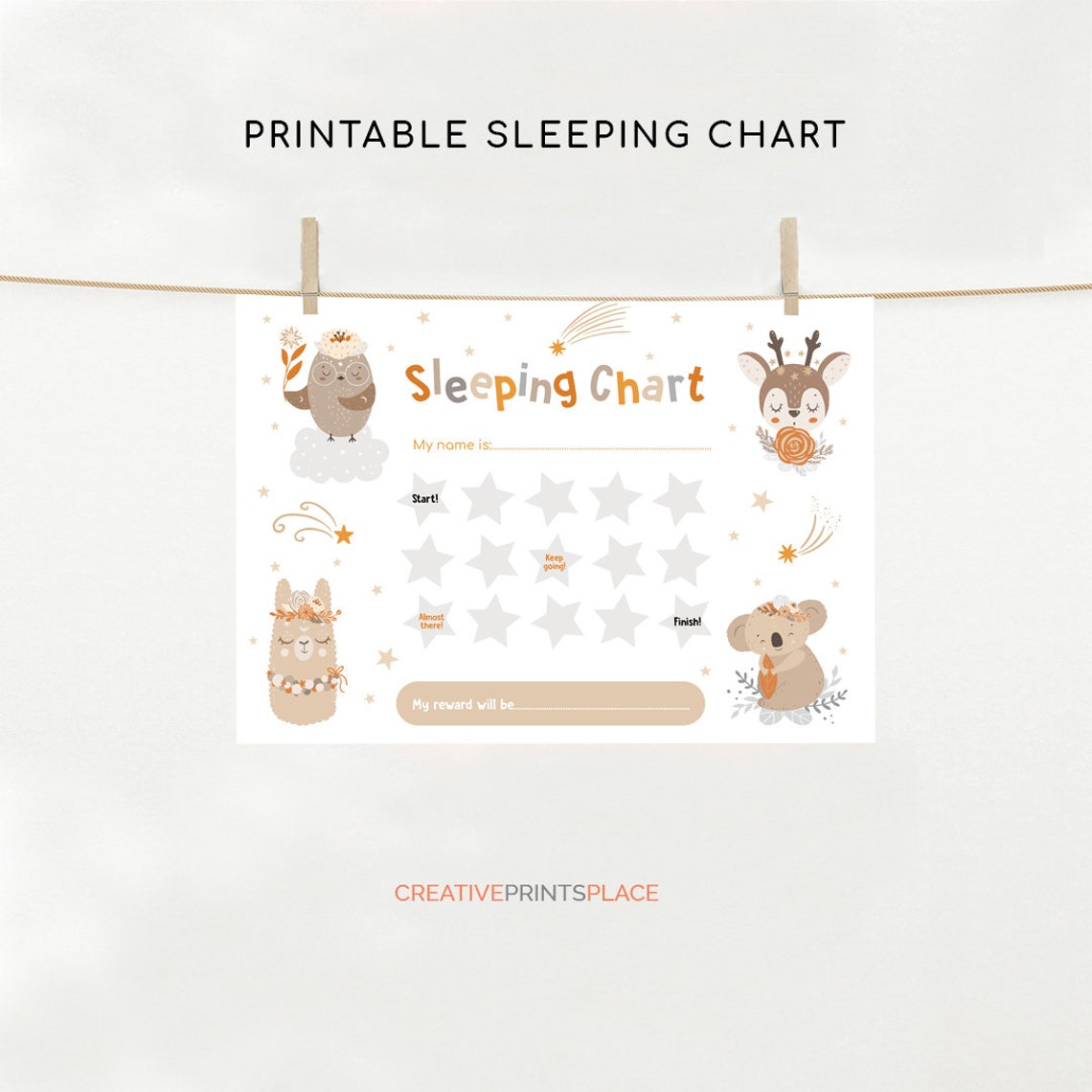 Printable Boho Animals Sticker Sleeping Chart, Good Night Chart for ...