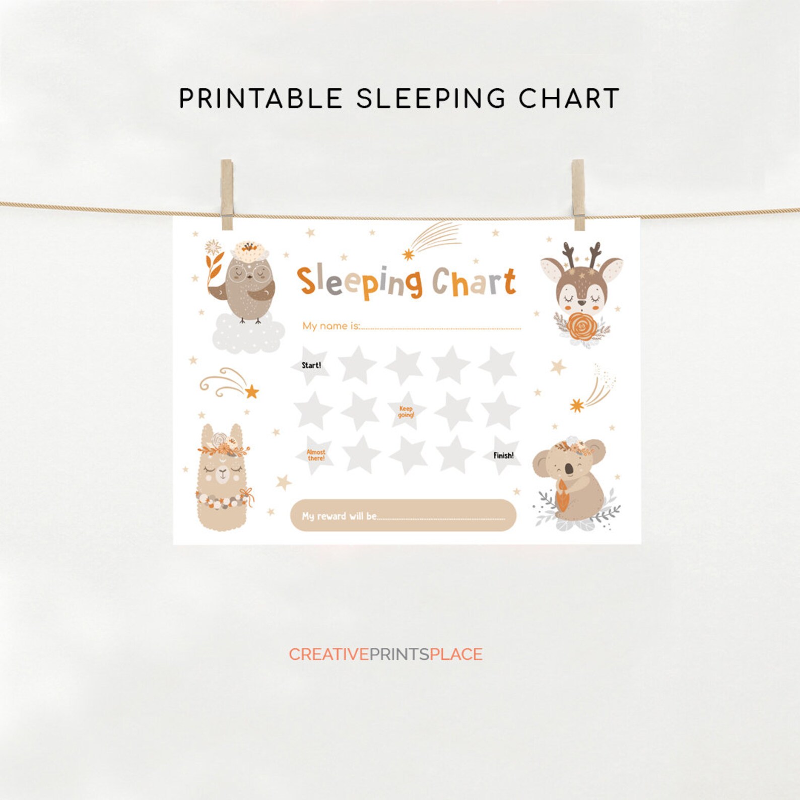 Printable Boho Animals Sticker Sleeping Chart, Good Night Chart for ...