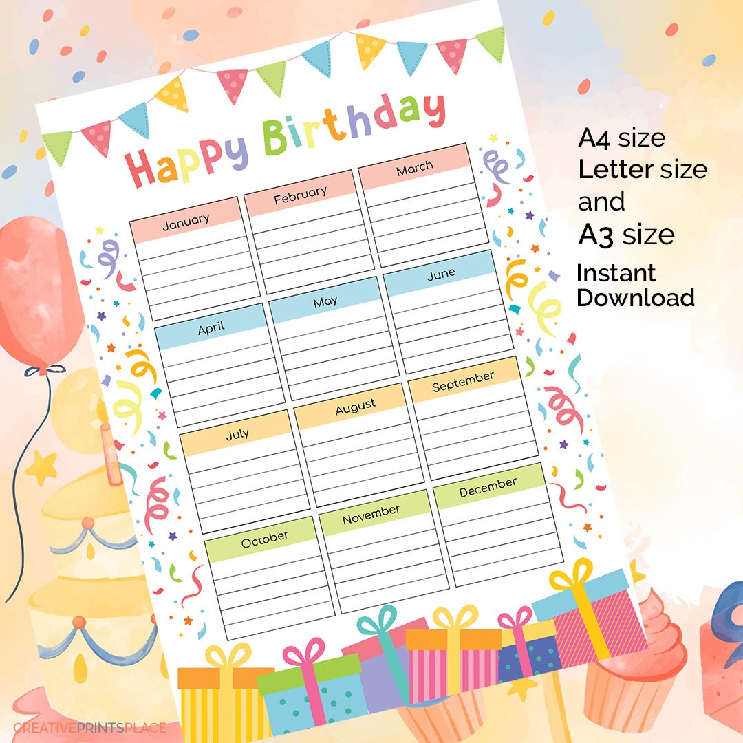 Printable Kids Happy Birthday Calendar, Class Birthday Tracker, Instant ...