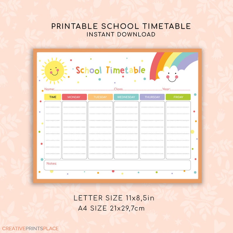 Printable Sun Rainbow School Timetable Kids Daily Schedule - Etsy