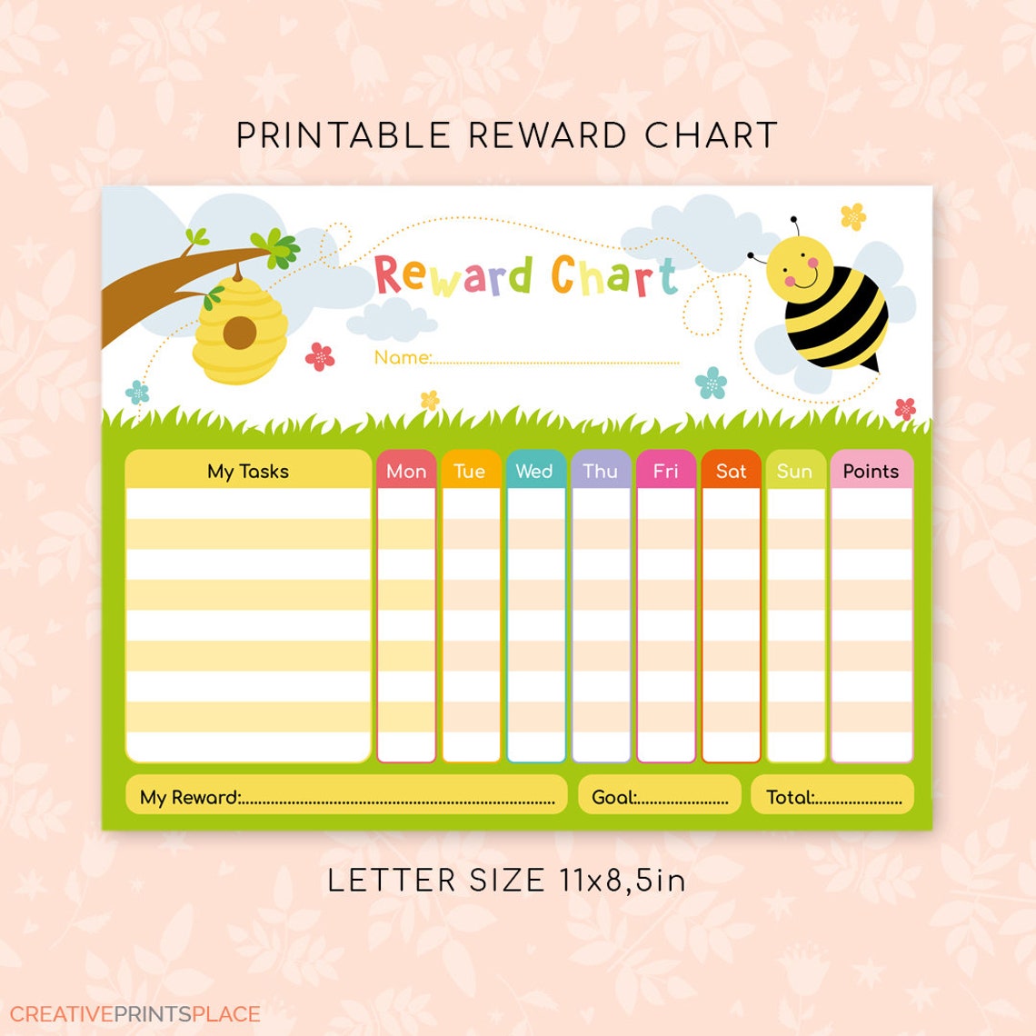 Printable Bee Reward Chart, Kids Responsibility Chart, Children's ...