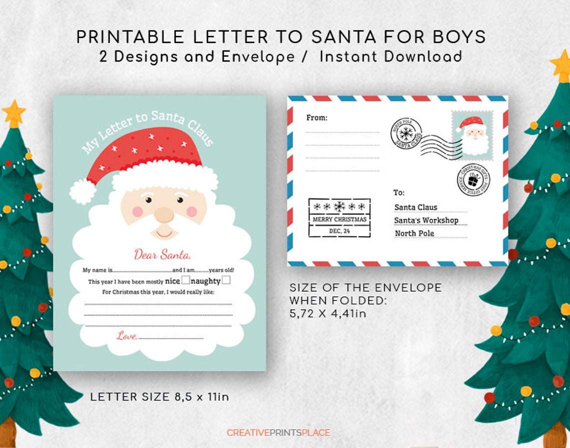 Printable Dear Santa Letter and Envelope for Boys, Christmas Wish List ...