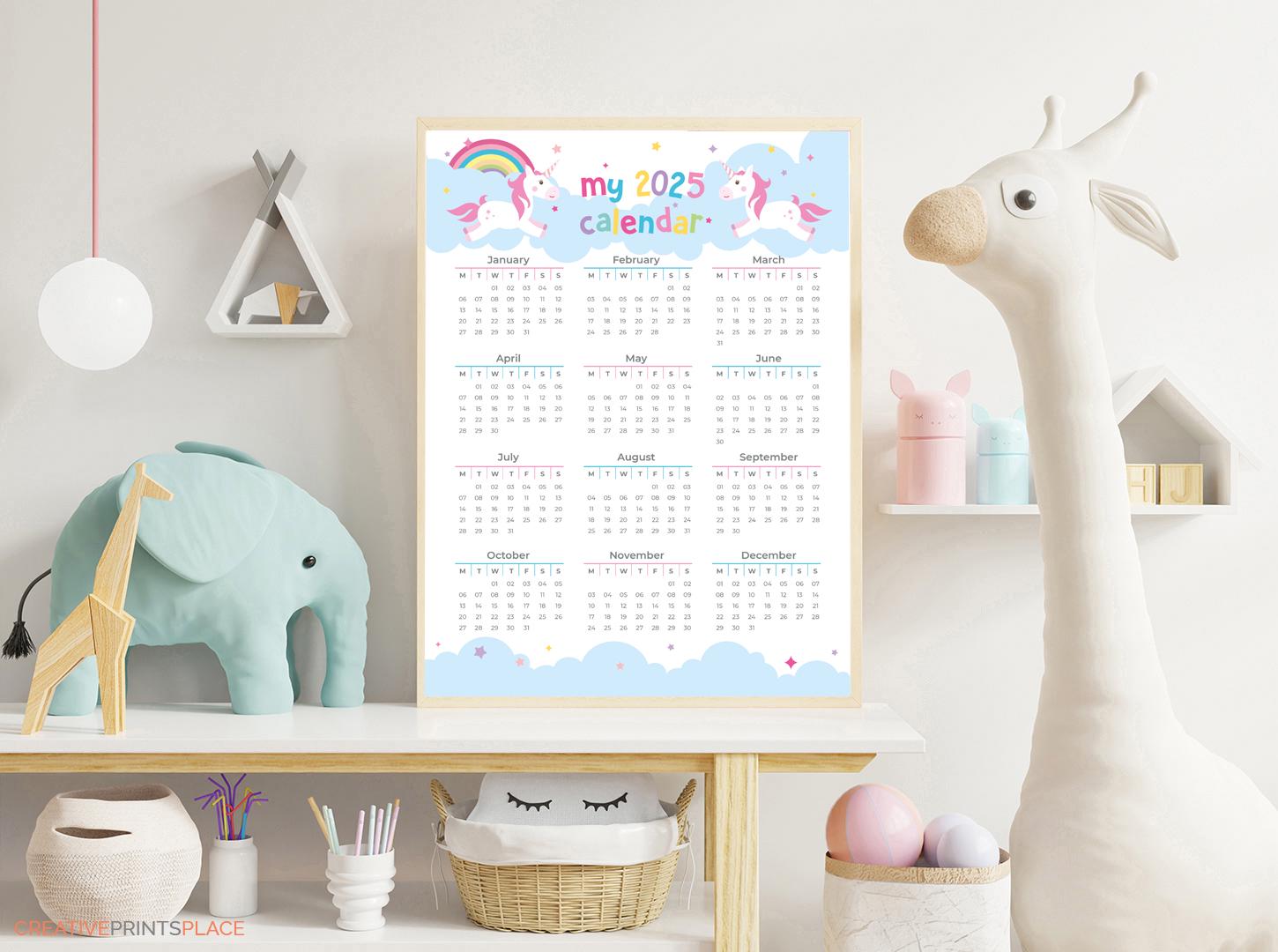 PRINTABLE Cute Unicorn Calendar 2025, Kids Yearly Wall Calendar ...