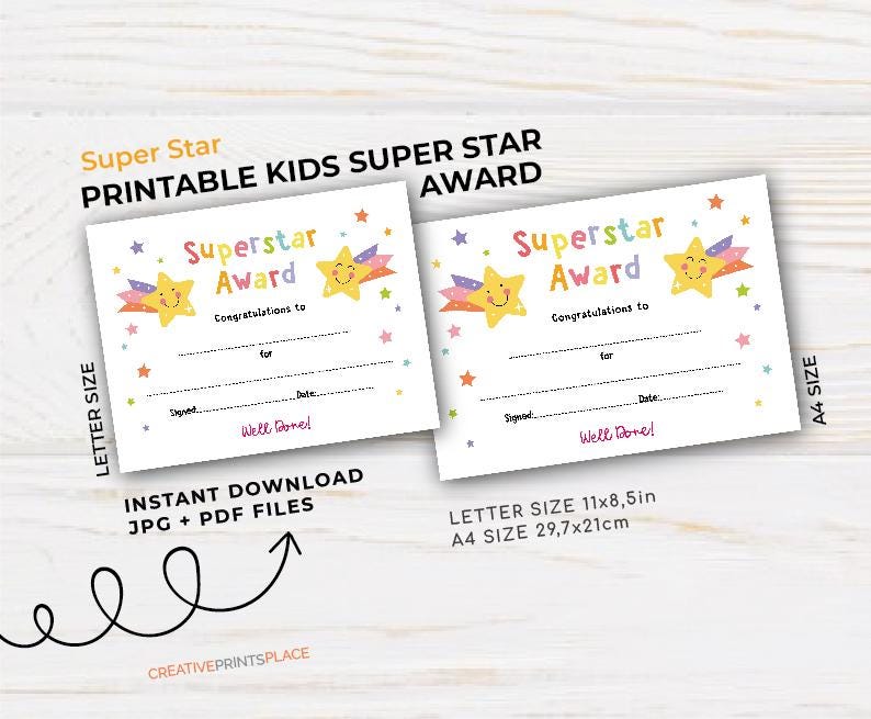 Printable Superstar Award Certificate: Kids School Achievement (digital ...