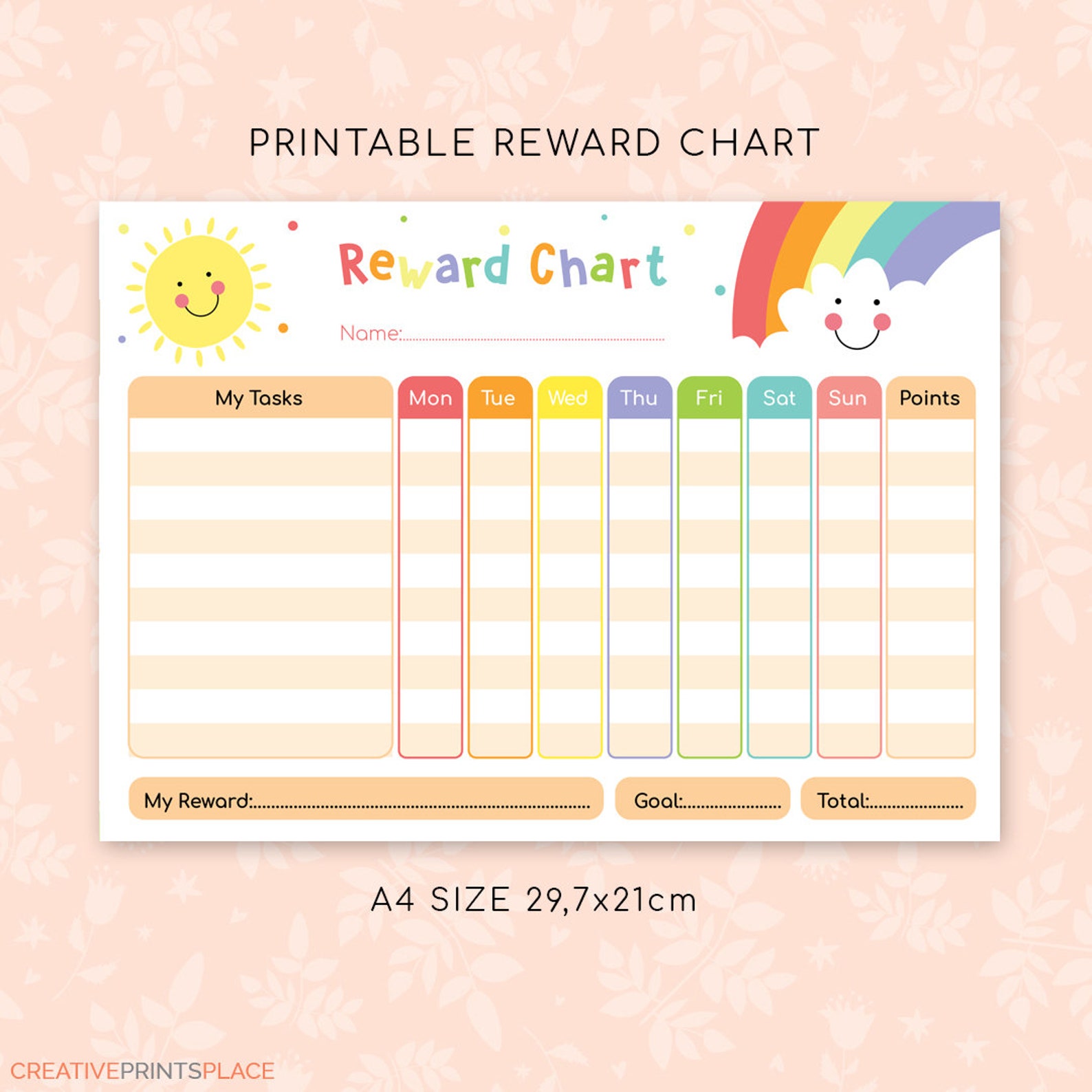 Rainbow & Sunshine Printable Reward Chart for Kids, Girls Chore Chart ...
