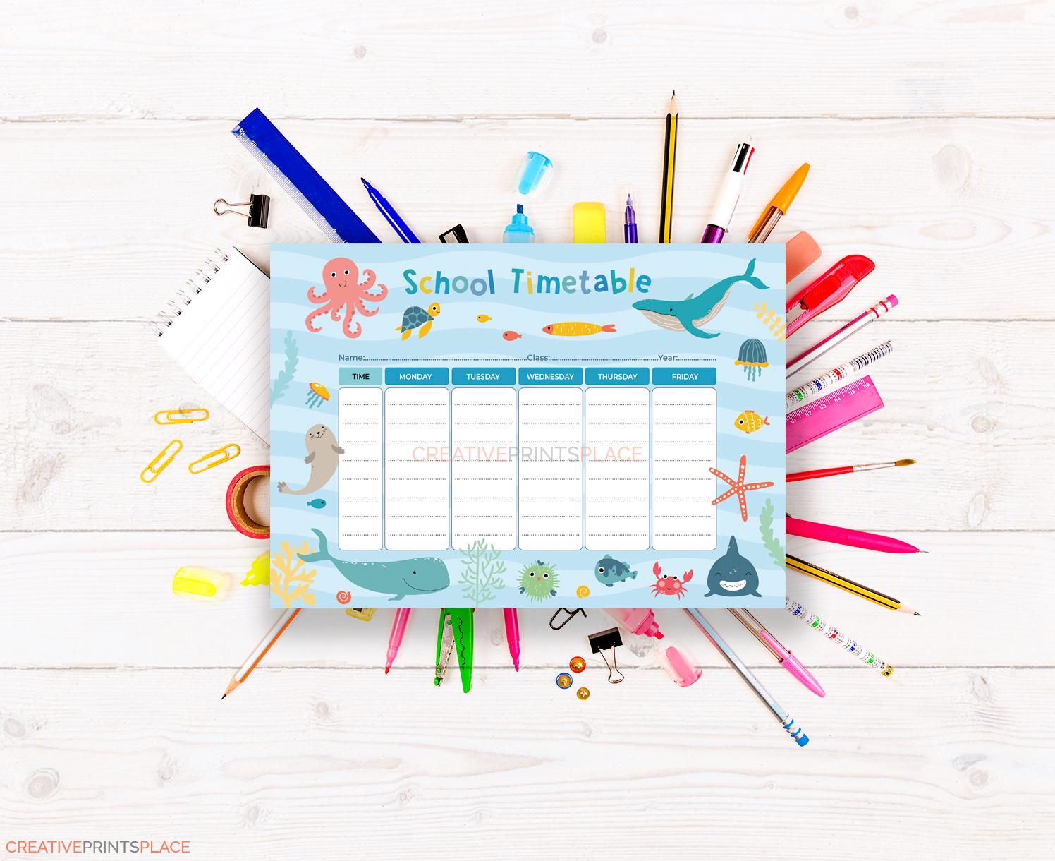 Printable Sea Animals School Timetable, Kids Homework Planner (digital ...