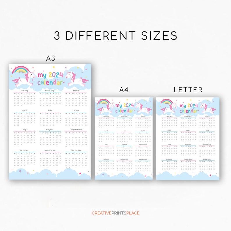 PRINTABLE Cute Unicorn Calendar 2024, Kids Yearly Wall Calendar ...