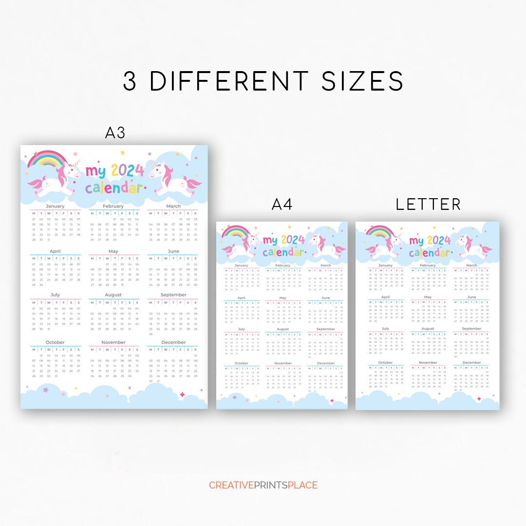PRINTABLE Cute Unicorn Calendar 2024, Kids Yearly Wall Calendar ...