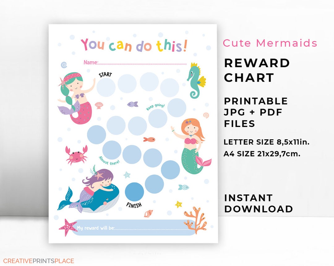 Printable Cute Mermaids Reward Chart, Girl's Sticker Chart, Instant ...