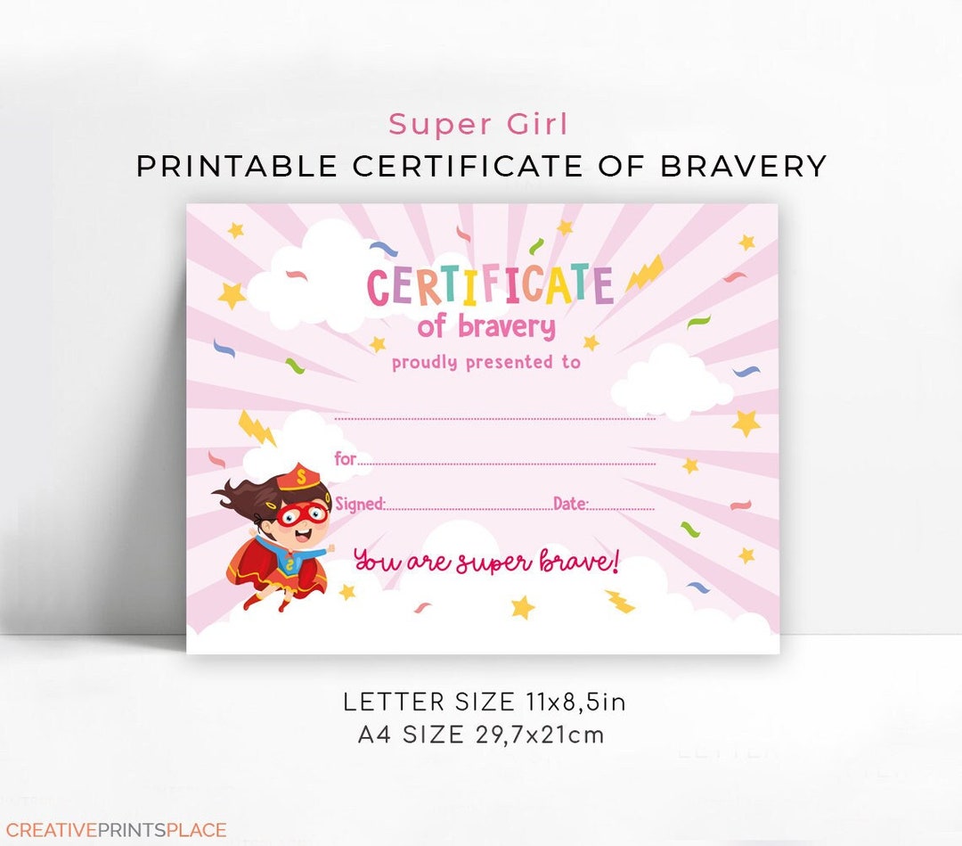 Super Hero Girl Printable Certificate of Bravery, Certificate for Girls ...