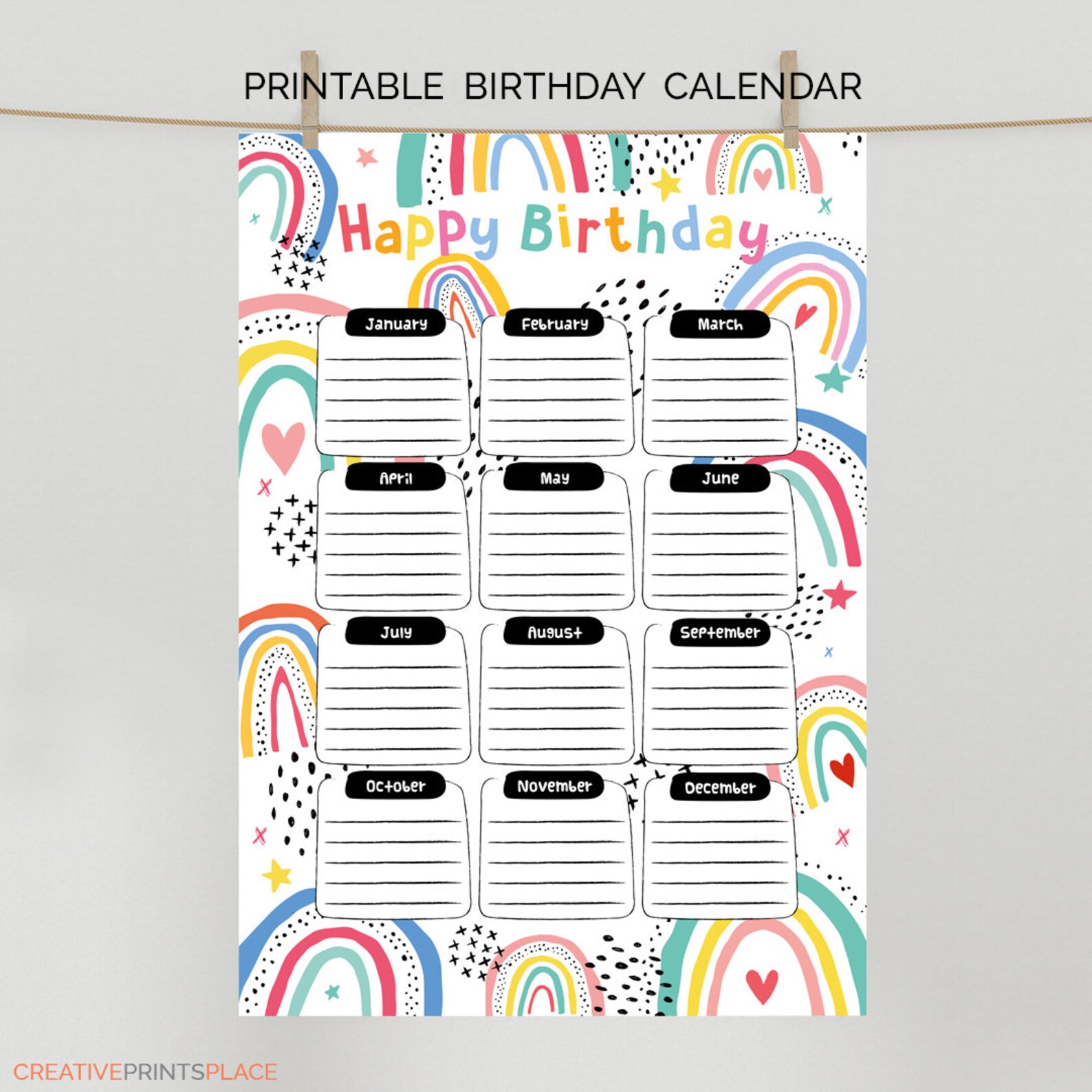 Printable Rainbow Happy Birthday Calendar, Kid Birthday Planner, Class ...