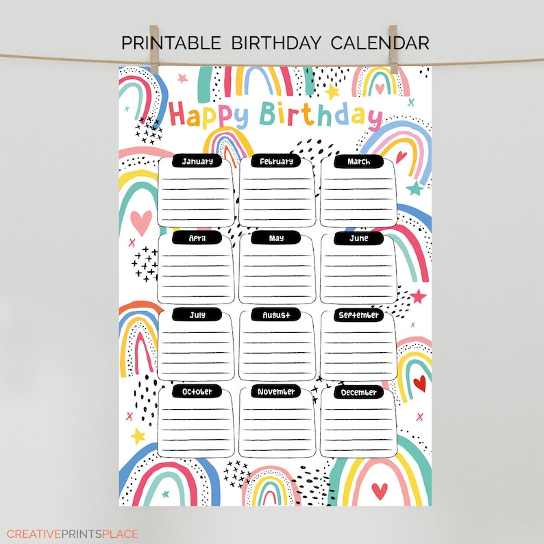 Printable Rainbow Happy Birthday Calendar, Kid Birthday Planner, Class ...