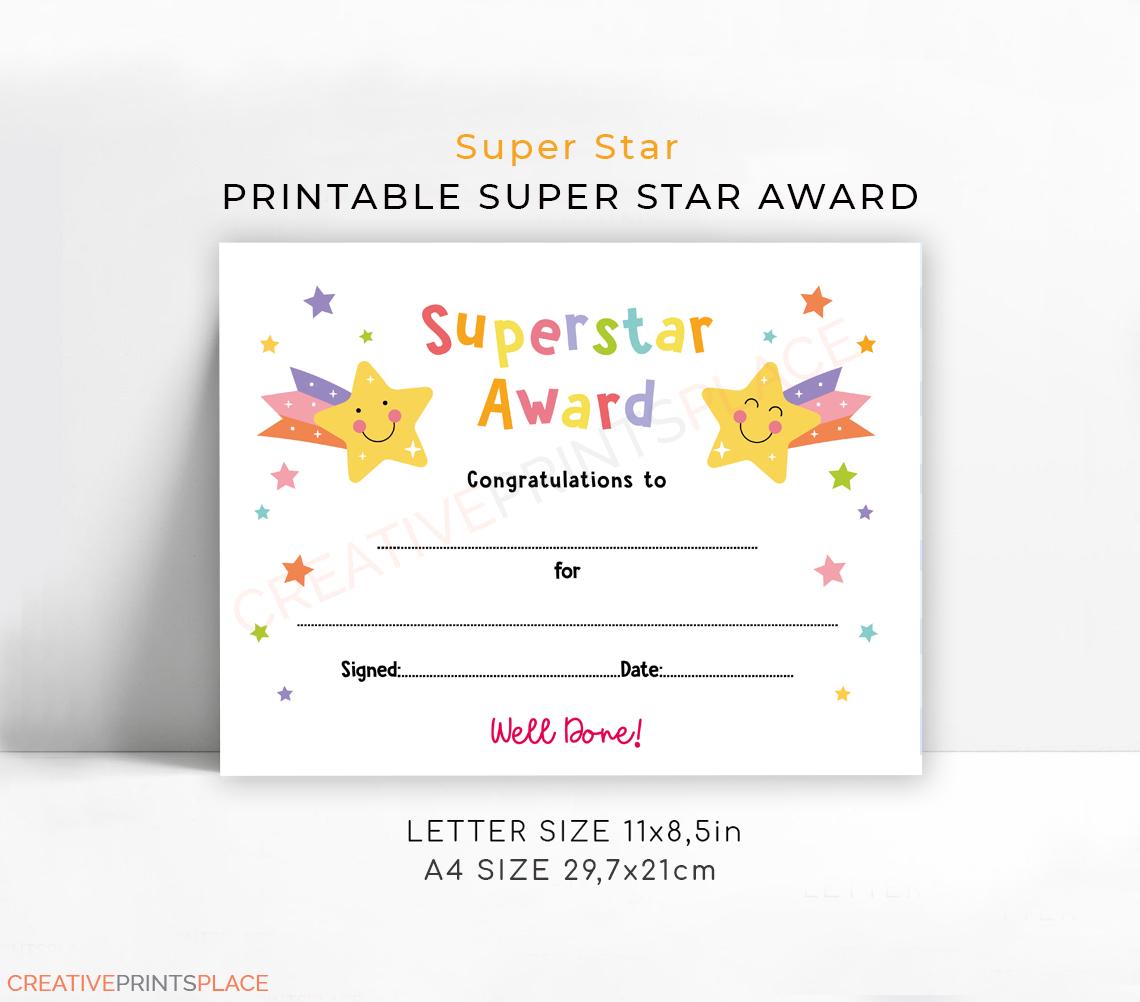 Printable Superstar Award Certificate: Kids School Achievement (digital ...
