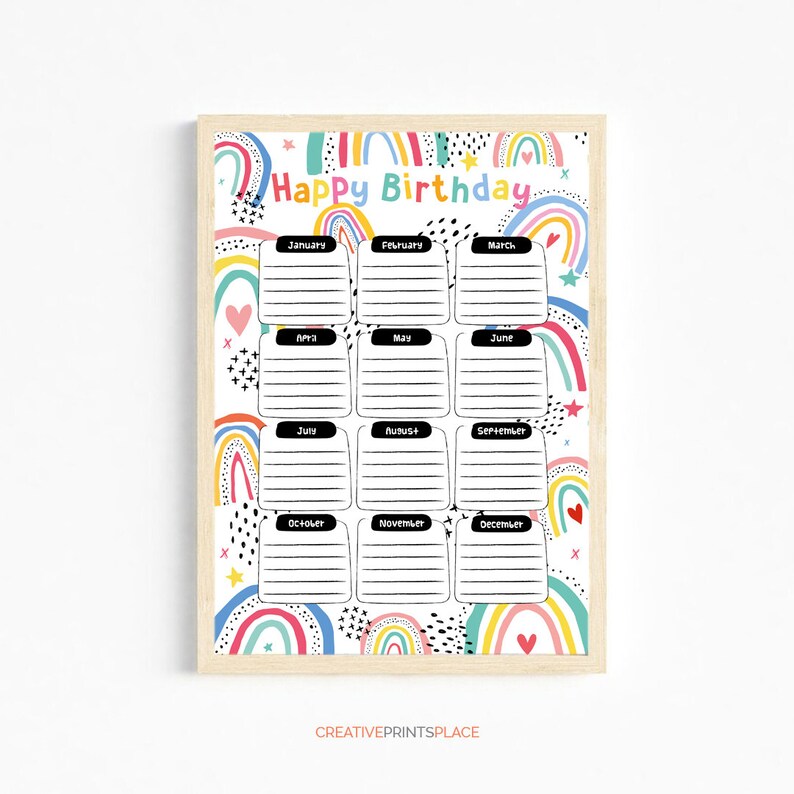 Printable Rainbow Happy Birthday Calendar, Kid Birthday Planner, Class ...
