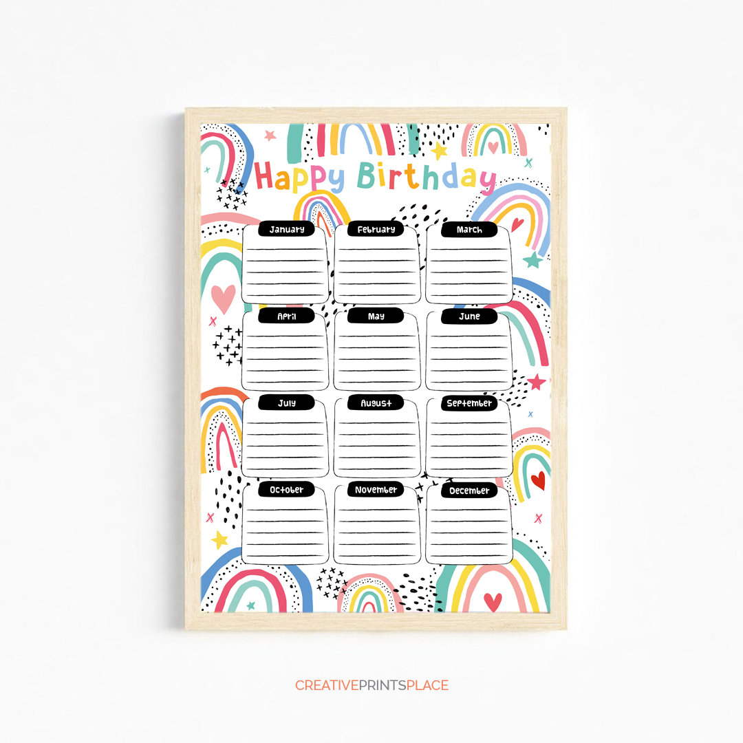 Printable Rainbow Happy Birthday Calendar, Kid Birthday Planner, Class ...