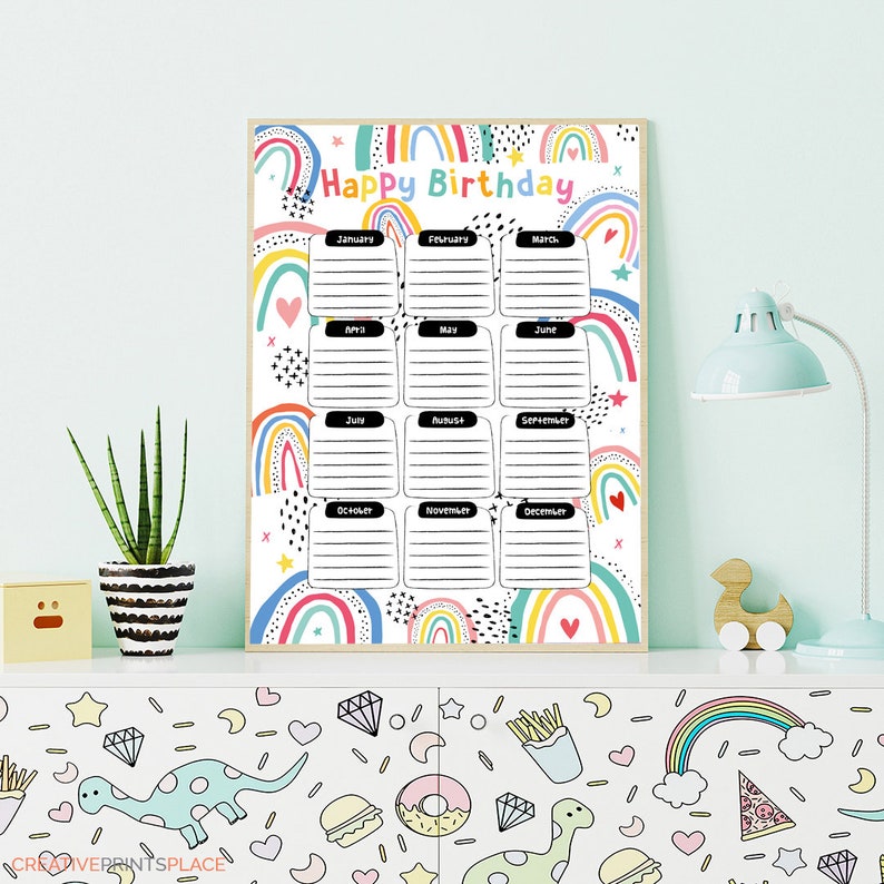 Printable Rainbow Happy Birthday Calendar, Kid Birthday Planner, Class ...