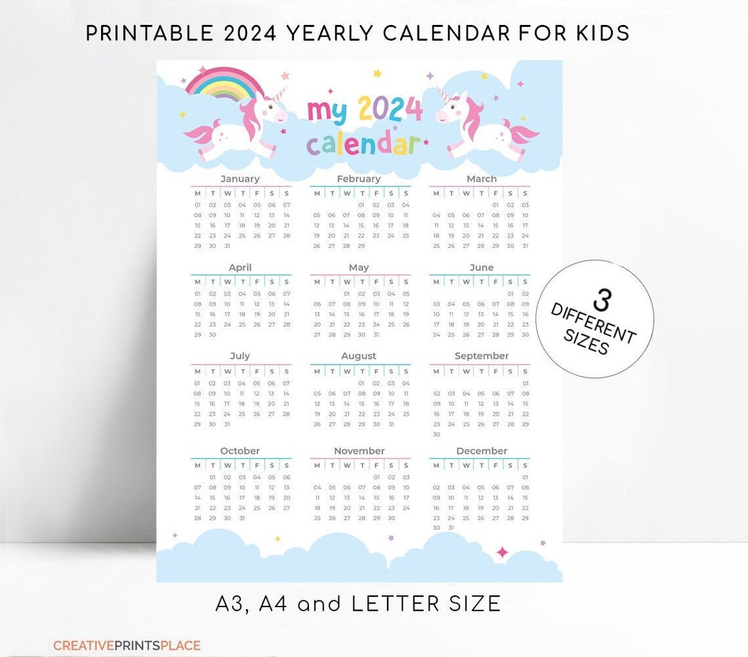 PRINTABLE Cute Unicorn Calendar 2024, Kids Yearly Wall Calendar ...