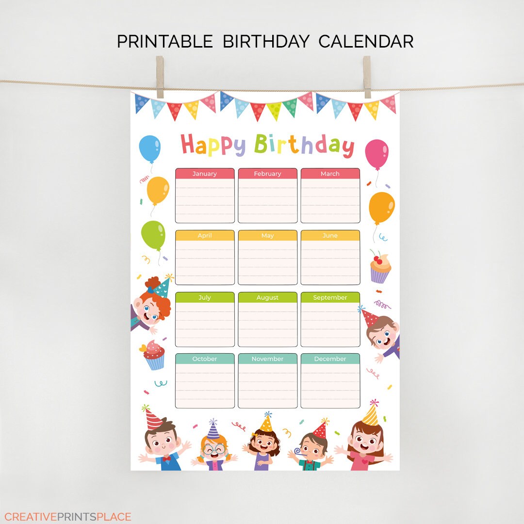 Printable Kids Birthday Calendar: Classroom Birthday Tracker (digital ...