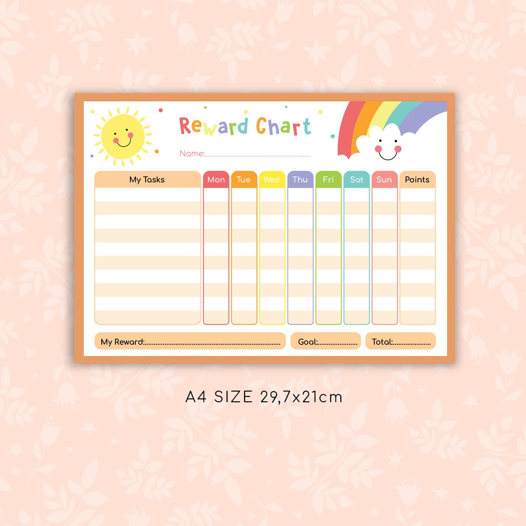 Rainbow & Sunshine Printable Reward Chart for Kids, Girls Chore Chart ...