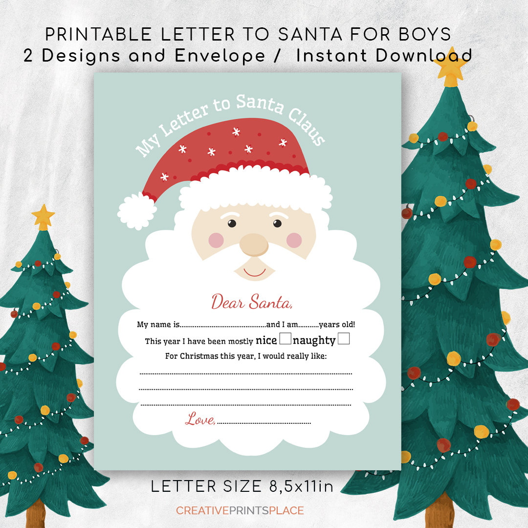 Printable Dear Santa Letter and Envelope for Boys, Christmas Wish List ...