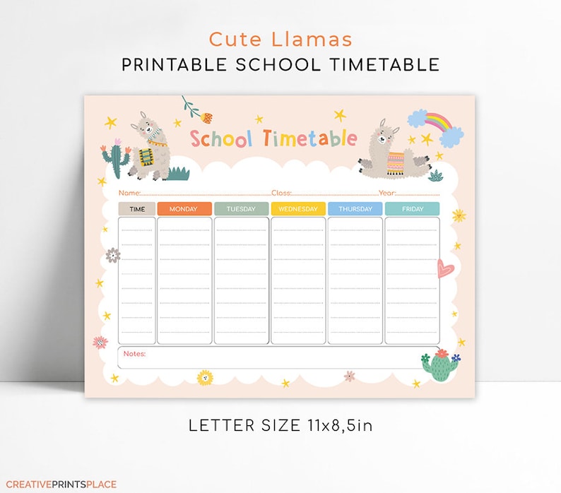 Printable Llama School Timetable – Kids Daily Planner PDF, A4 & Letter ...