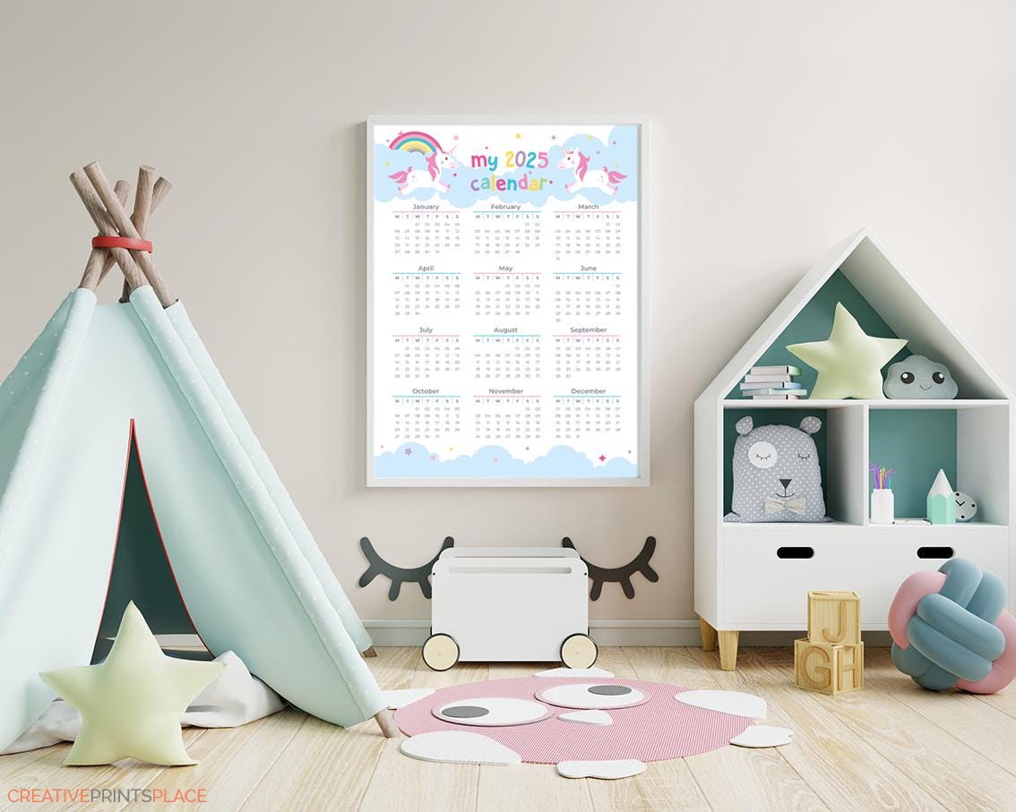PRINTABLE Cute Unicorn Calendar 2025, Kids Yearly Wall Calendar ...