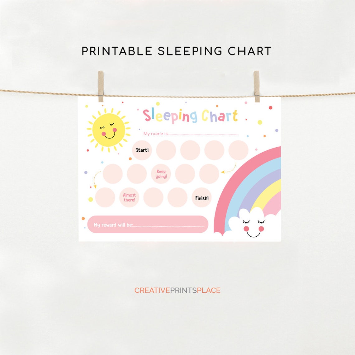 Printable Sun Rainbow Sleeping Chart for Girls, Girl's Sticker Chart ...