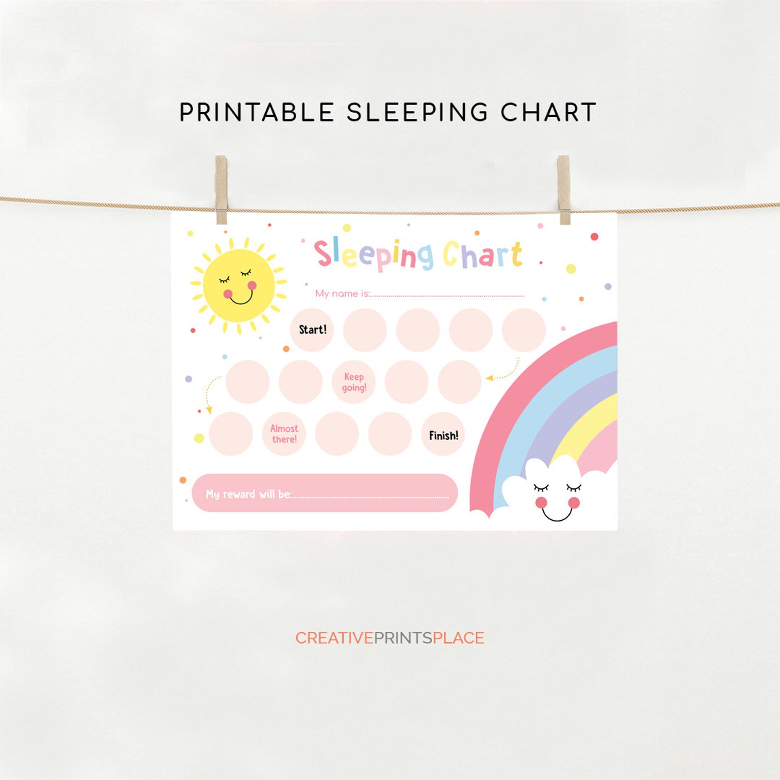 Printable Sun Rainbow Sleeping Chart for Girls, Girl's Sticker Chart ...