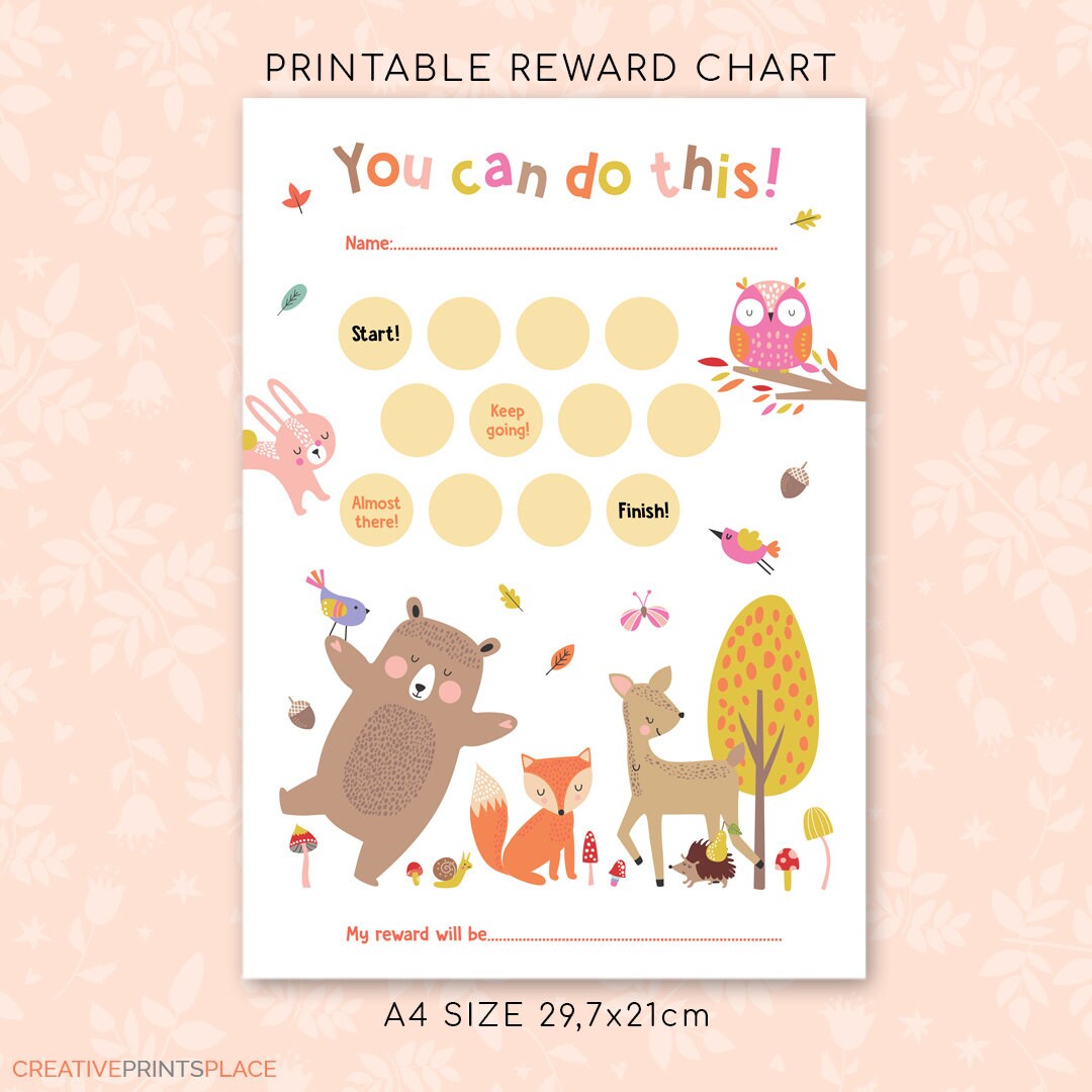 Girls Woodland Reward Chart Vertical, Printable Forest Animals Sticker ...