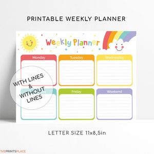 Kids Weekly Planner, Printable Sun Rainbow Daily Planner, Homeschool ...