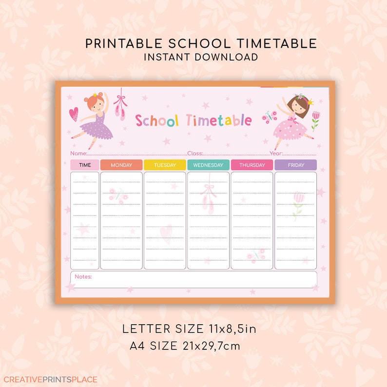 Printable Ballerinas School Timetable: Kids Daily Planner (digital ...