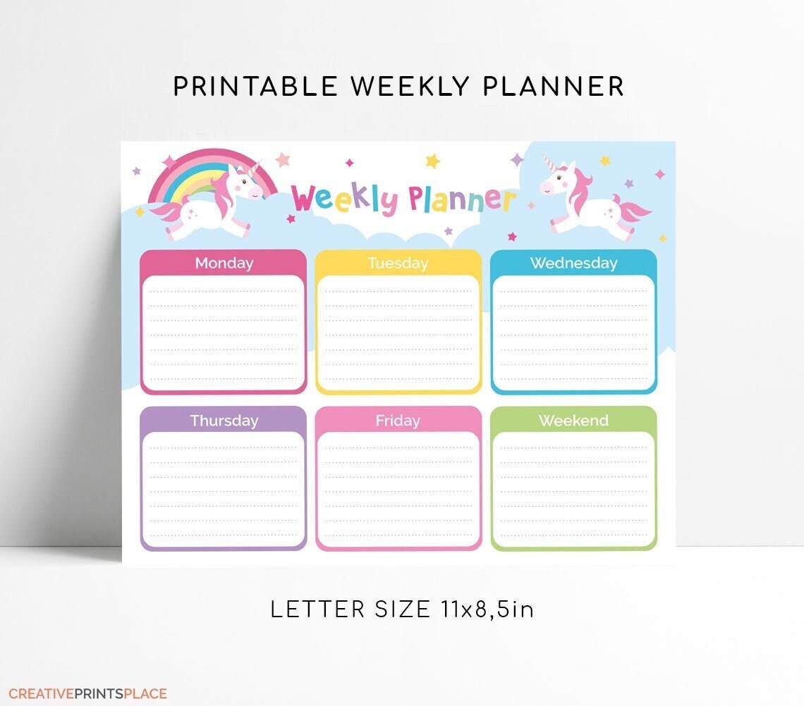 Printable Unicorn Kids Weekly Planner, Unicorn Daily Planner ...