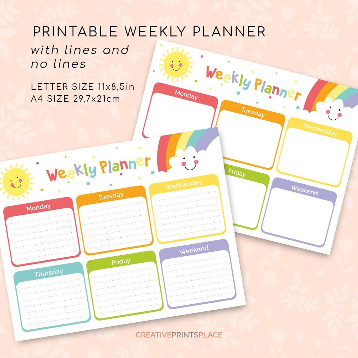 Kids Weekly Planner, Printable Sun Rainbow Daily Planner, Homeschool ...