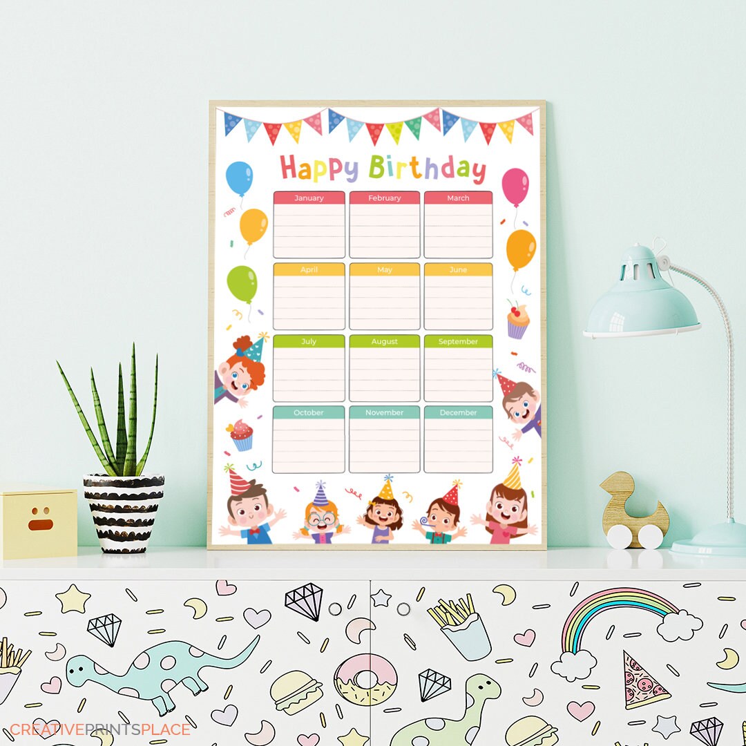 Printable Kids Birthday Calendar: Classroom Birthday Tracker (digital ...