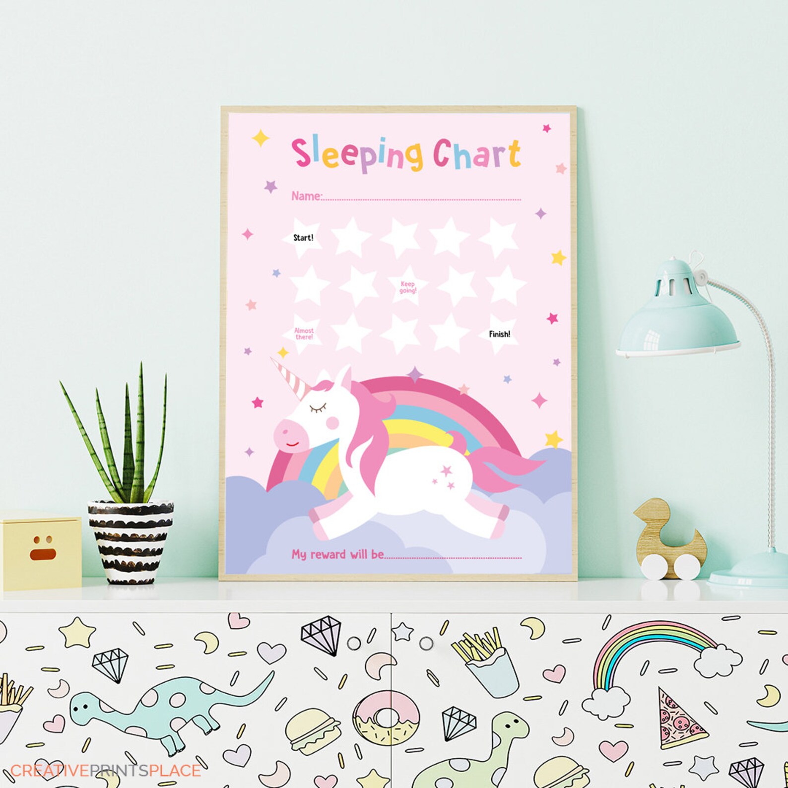 Printable Unicorn Pink Sleeping Chart, Good Night Chart for Girls ...