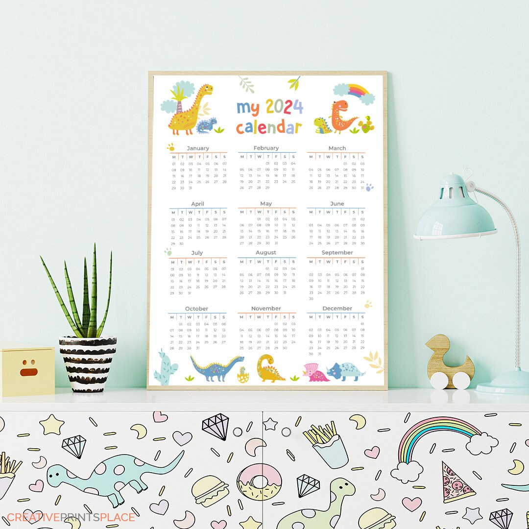 PRINTABLE Cute Dinosaur Calendar 2024, Kids Yearly Wall Calendar ...