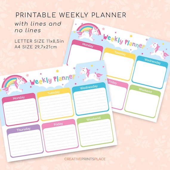 Printable Unicorn Kids Weekly Planner Unicorn Daily Planner - Etsy