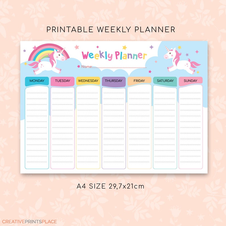 Unicorn Printable Kids Weekly Planner, Printable Daily Weekly Planner ...