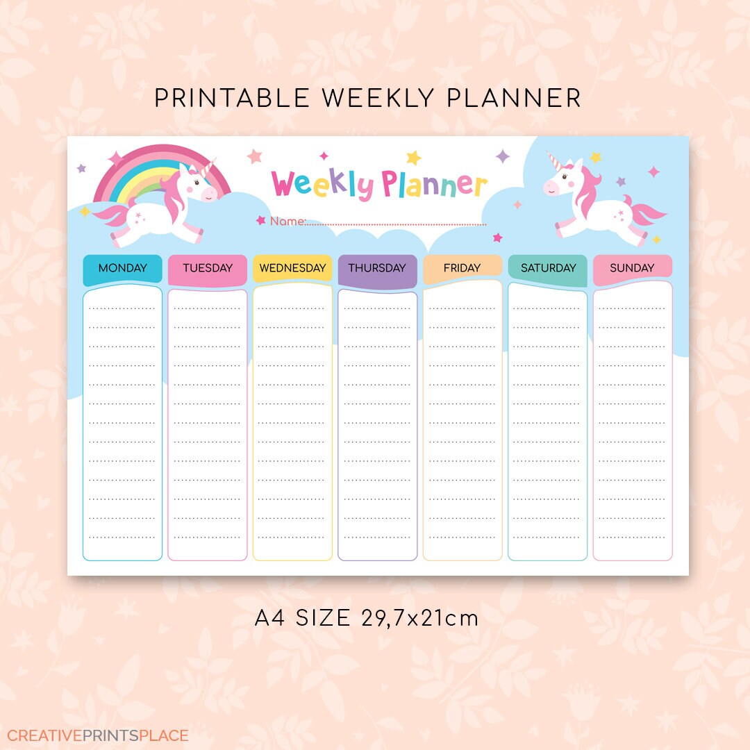 Unicorn Printable Kids Weekly Planner, Printable Daily Weekly Planner ...