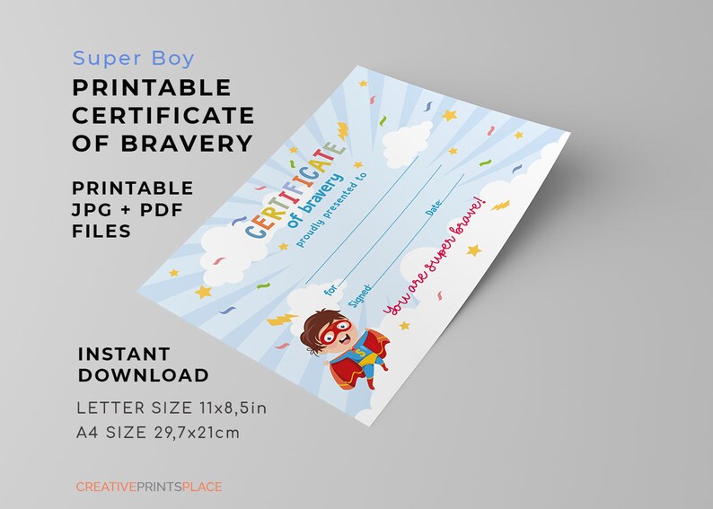 Super Hero Boy Printable Certificate of Bravery, Certificate for Kids ...
