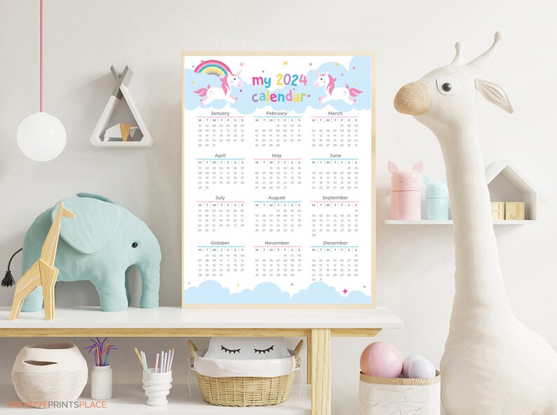 PRINTABLE Cute Unicorn Calendar 2024, Kids Yearly Wall Calendar ...