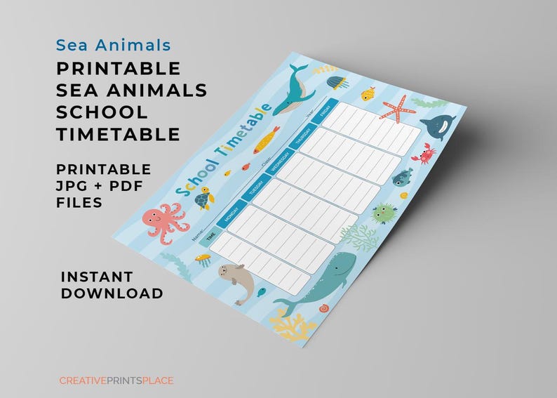 Printable Sea Animals School Timetable, Kids Homework Planner (digital ...