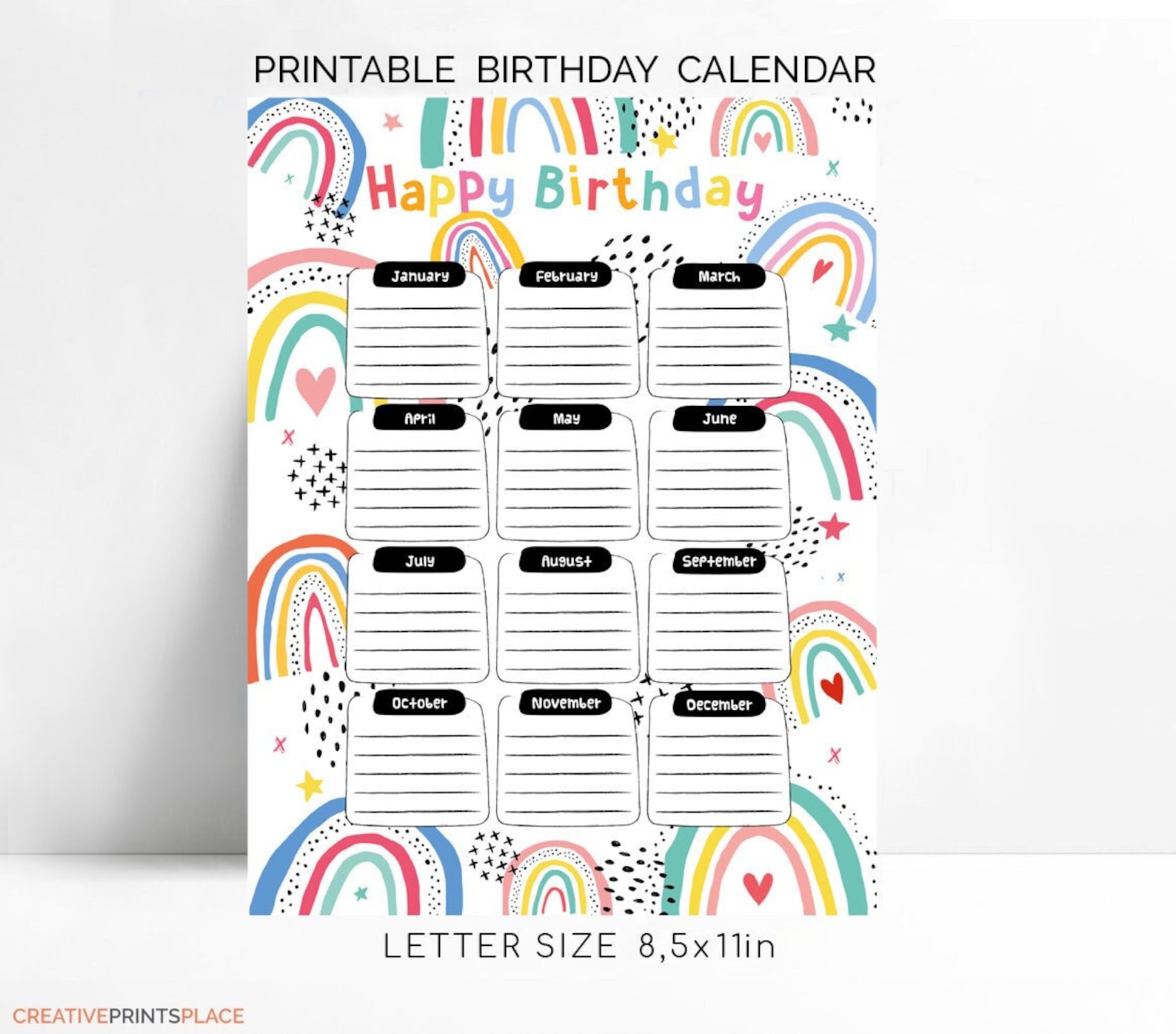 Printable Rainbow Happy Birthday Calendar, Kid Birthday Planner, Class ...