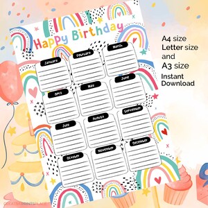 Printable Rainbow Happy Birthday Calendar, Kid Birthday Planner, Class ...