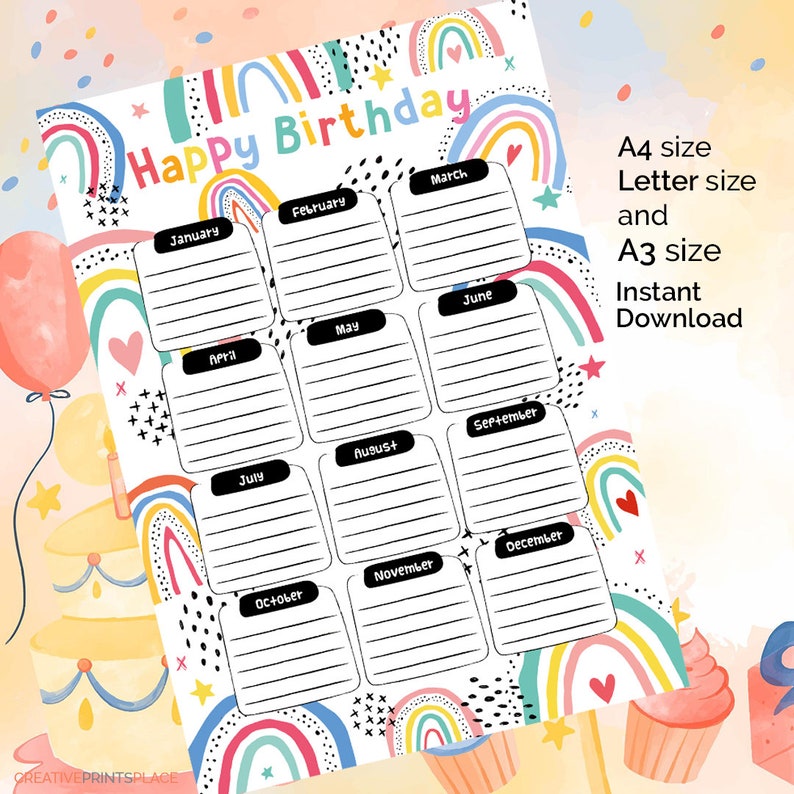 Printable Rainbow Happy Birthday Calendar, Kid Birthday Planner, Class ...
