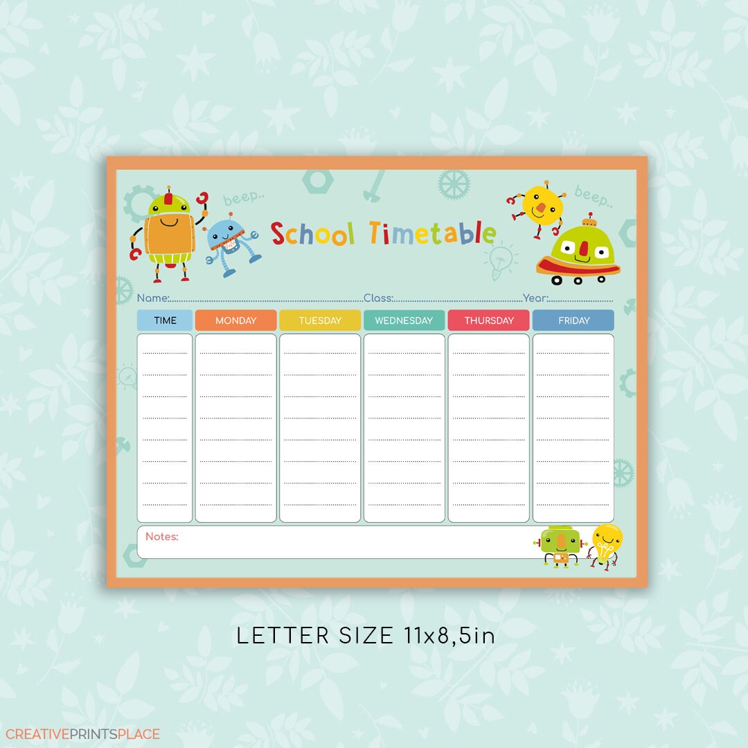 Printable Robots School Timetable, Kids Daily Schedule, Back to School ...